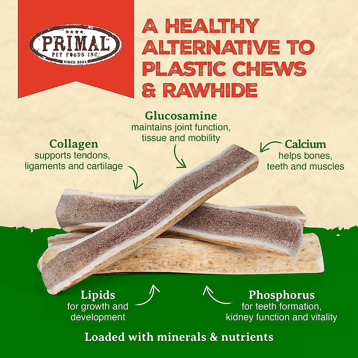 Primal Antlers for Dogs - Grade A Split Elk Antlers for Large Dogs 45-60 lb - Natural Dog Chews for Aggressive Chewers - Naturally Shed Antlers - Long Lasting Dog Bones - 1 ct