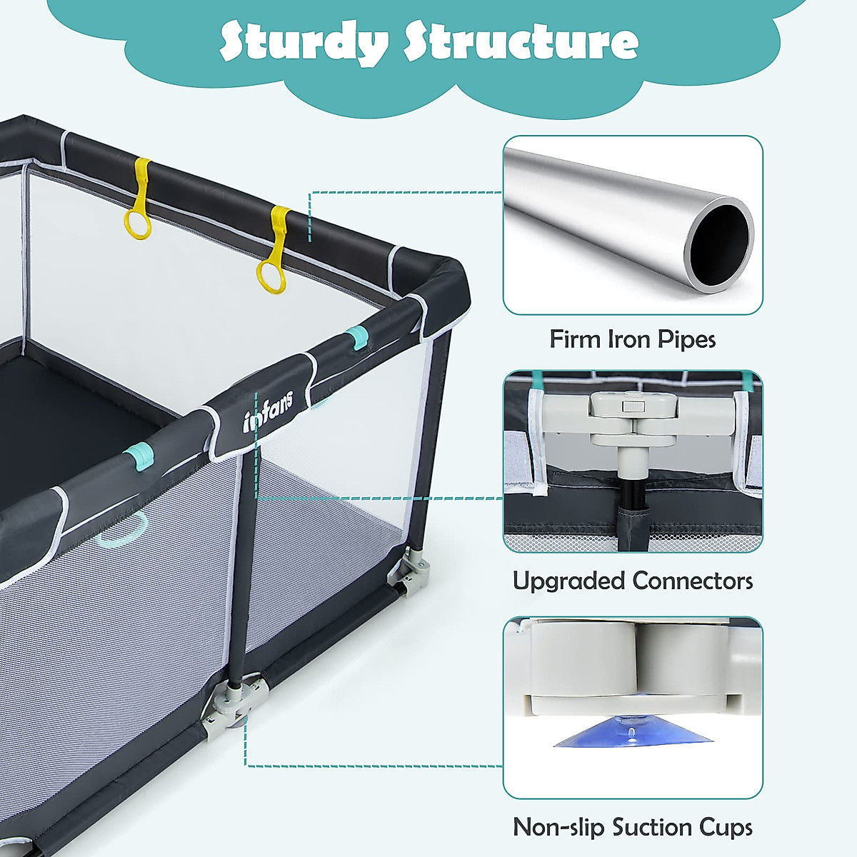 INFANS Baby Playpen, 50’’x50’’ Foldable Large Baby Playard for Toddlers with Gate, Soft Visible Mesh, Indoor Outdoor Kids Activity Center Baby Fence with 4 Handlers 50 Ocean Balls (Black)