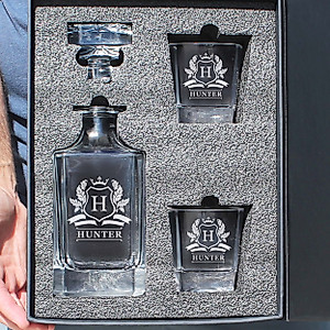 The Wedding Party Store, Personalized Whiskey Decanter and Glasses Set - Custom Monogrammed with Cavalier Design