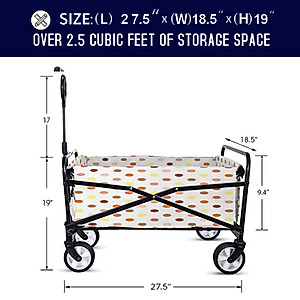 Collapsible Wagon Cart Tile Polka dots on White Foldable Utility Wagon Large Capacity Garden Cart with Push Bar for Beach Camp Outdoor Shopping
