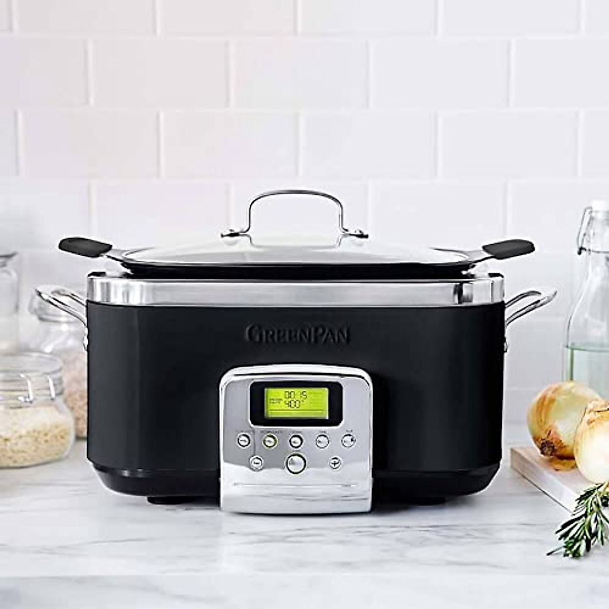 GreenPan Elite 8 - in -1 Programmable 6QT Electric Slow Cooker, Dishwasher Safe Lid & Removable Crock, PFAS-Free Healthy Ceramic Nonstick Multi-Cooker, Sear, Sauté/Brown, Steam Basket, Roast, Black