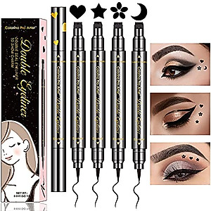 4 Styles/Set Pen Eyeliner Stamp Wing Liner, Waterproof, Double Sided & Long Lasting Eye Pencil , (Heart/Moon/Star /Flowers )Shape Stamp Pen, Super Slim Gel Felt Tip High Black Pigment (4PCS)