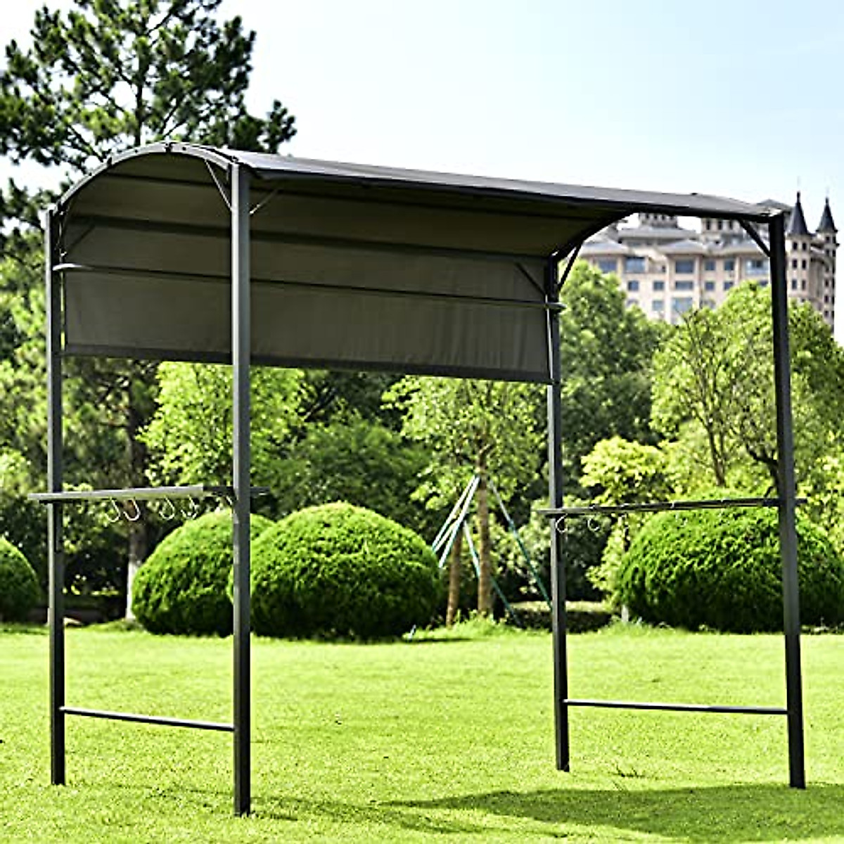 DHPM Iron Double Tiered Backyard Patio BBQ Grill Gazebo with Bar Counters&Extendable Shades for Your Yard, Patio, Garden, Outdoor or Party