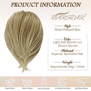 BARSDAR Straight Hair Bun Extensions - Short Straight Ponytail Blonde Hair Bun Extensions for Women, Synthetic Elastic Messy Hair Bun Scrunchies Hairpieces Daily - Light Ash Blonde Mix