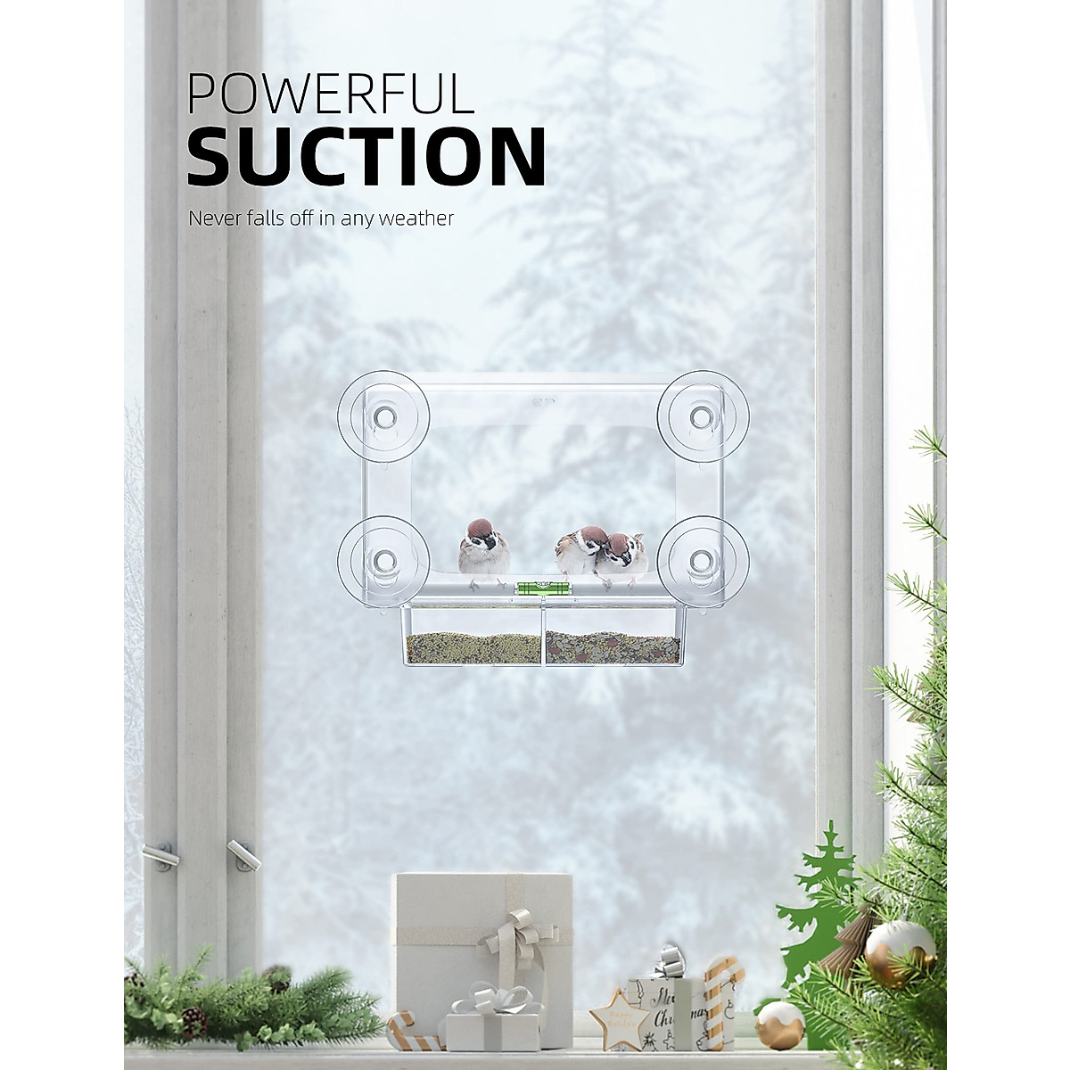 Window Bird Feeder with Strong Suction Cups, CREWOR Clear Bird House Feeders for Outside Wild Birds, Built-in Level & Removable Tray, Fits for Cardinals, Blue Jays, Bluebirds, Finches, Chickadees etc.