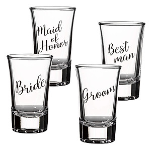 Lillian Rose Bride, Groom, Maid of Honor, and Best Man Shot Glass Set, 4 Count (Pack of 1), Clear