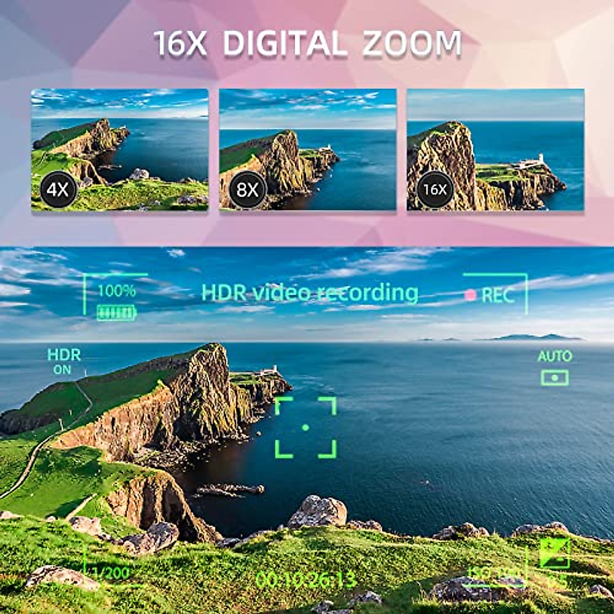 Monitech Digital Cameras for Photography, 48MP&4K Vlogging Camera for YouTube, Video Camera with Wide-Angle & Macro Lenses, 16X Digital Zoom, Flip Screen, External Microphone, 32GB TF Card - Pink