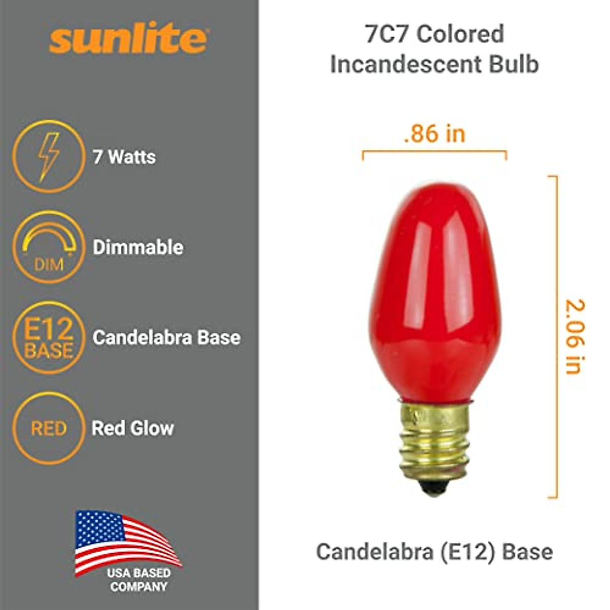 Sunlite 01058 7C7 Incandescent Bulb, 7 Watt, Candelabra E12 Base, C7 Small Night Light, Colored Bulb, Red, 12 Count