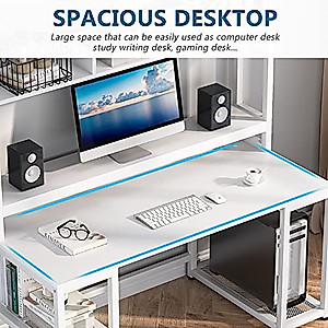 Tribesigns 55 Inches Computer Desk with Hutch and Monitor Stand Riser, Rustic Industrial Desk Computer Table Studying Writing Desk Workstation with Storage Shelves Bookshelf for Home Office (White)