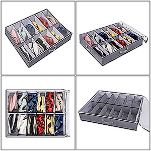 Under Bed Shoe Storage Organizer, Adjustable Dividers - Set of 2, Fits 24 Pairs Total - Underbed Storage Solution Gray
