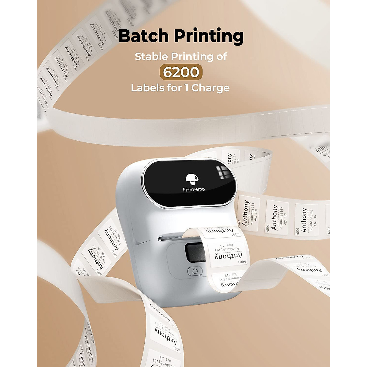 Phomemo M110 Label Printer - Bluetooth Portable Label Maker No Ink, Mini Barcode Label Printer for Retail, Address, Barcode, Home, for PC/Mac, iOS/Android with 3pack Most Used Labels, Snow White