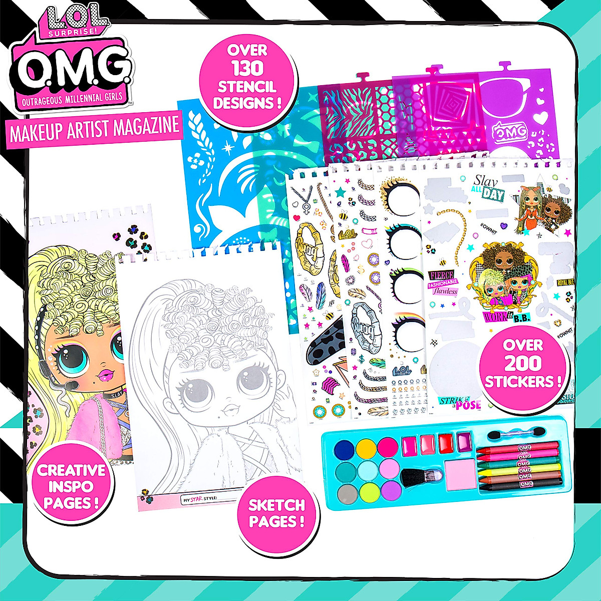 Horizon Group USA LOL OMG Make-Up Artist Magazine DIY Craft Kit, Design with Crayons, Stickers & More.Create Fashionable Looks Using Over 130 Stencil Designs & 200 Stickers