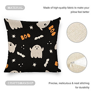 Halloween Cartoon Ghost Bats Throw Pillow Covers 18×18 Pillowcases Set of 2 Spider Boo Linen Decorative Square Pillow Case Cushion Covers Standard Size for Sofa Couch Outdoor Bed Pillow Protectors