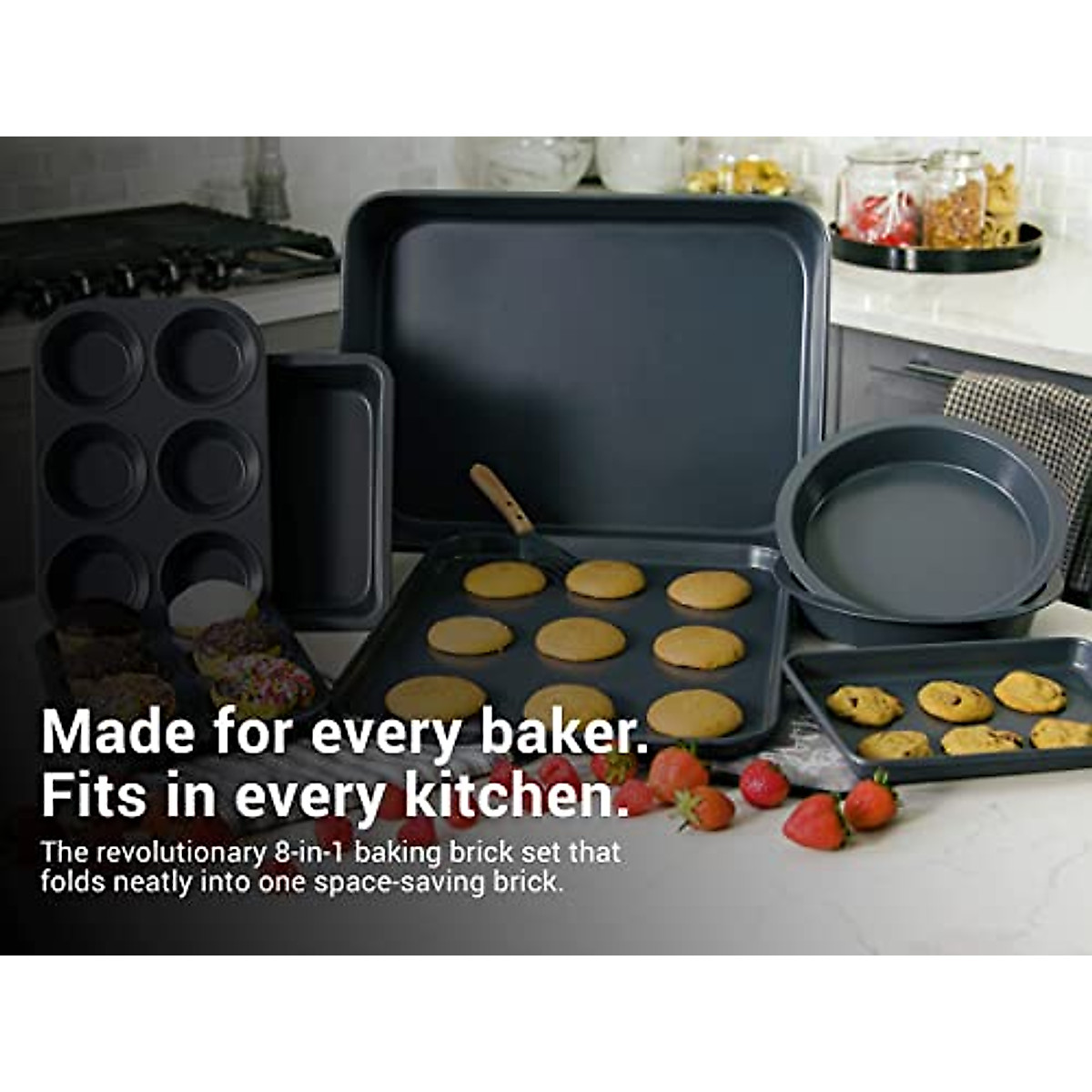 Elbee Home 8-Piece Nonstick Aluminized Steel, Space Saving Baking Set , With Deep Roasting Pan, Cookie Sheet, Cake Pans, Muffin Pans and Baking Pan PFOA & PFOS Free