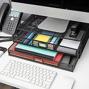 Mind Reader Monitor Stand, Ventilated Laptop Riser, Storage Drawer, Office, Metal Mesh, 15.75"L x 11.75"W x 4.5"H, Black