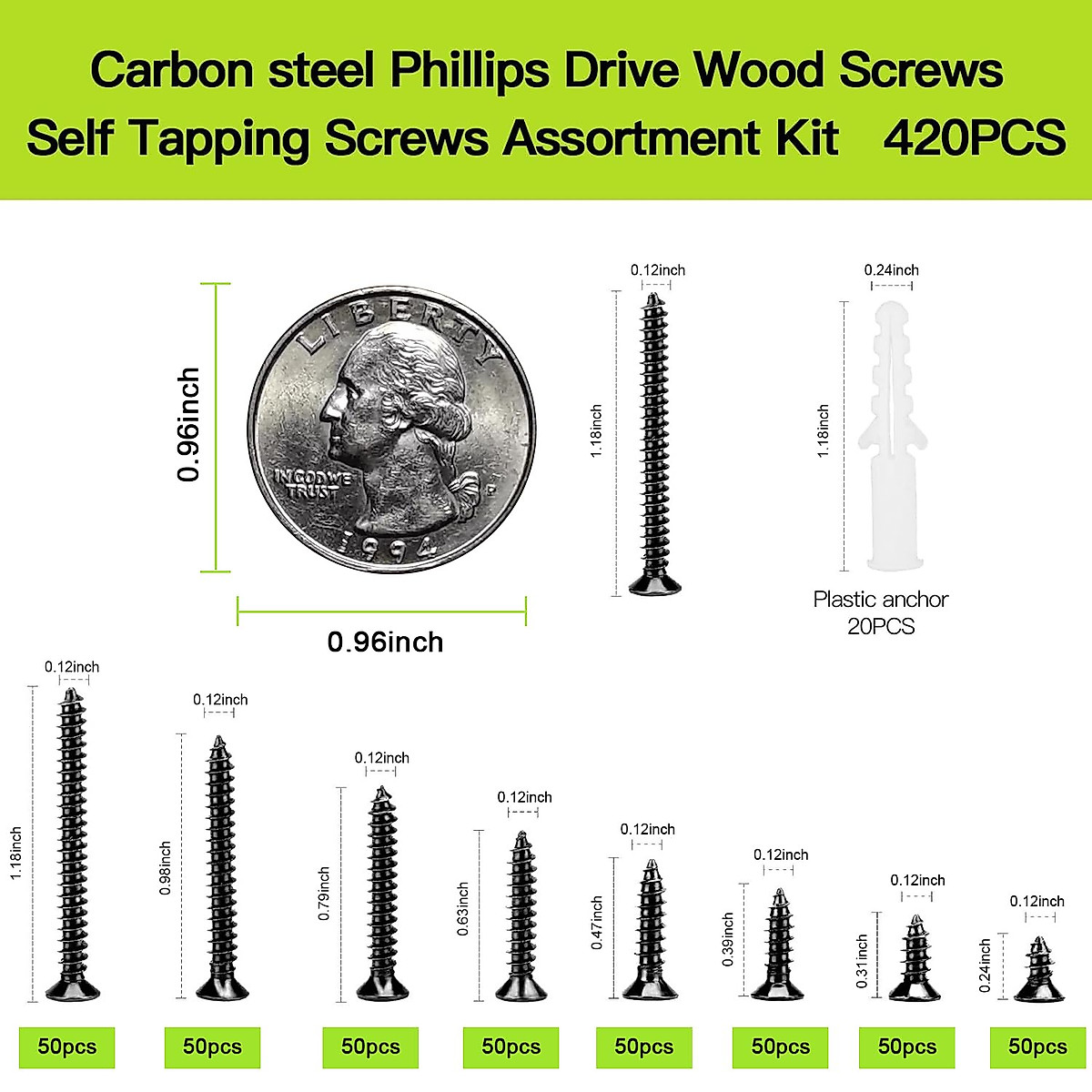 M3 Flat Head Wood Screws Assortment Fasteners Kit 420pcs,Phillips Drive Countersunk Head Self-Tapping Screws,Carbon Steel,Contains 20pcs M6 Screw Anchors