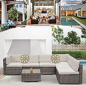 SUNVIVI OUTDOOR 7 Piece Patio Sectional Grey Wicker Furniture for Backyard, Garden with String Beige Cushions, Clips, Coffee Table