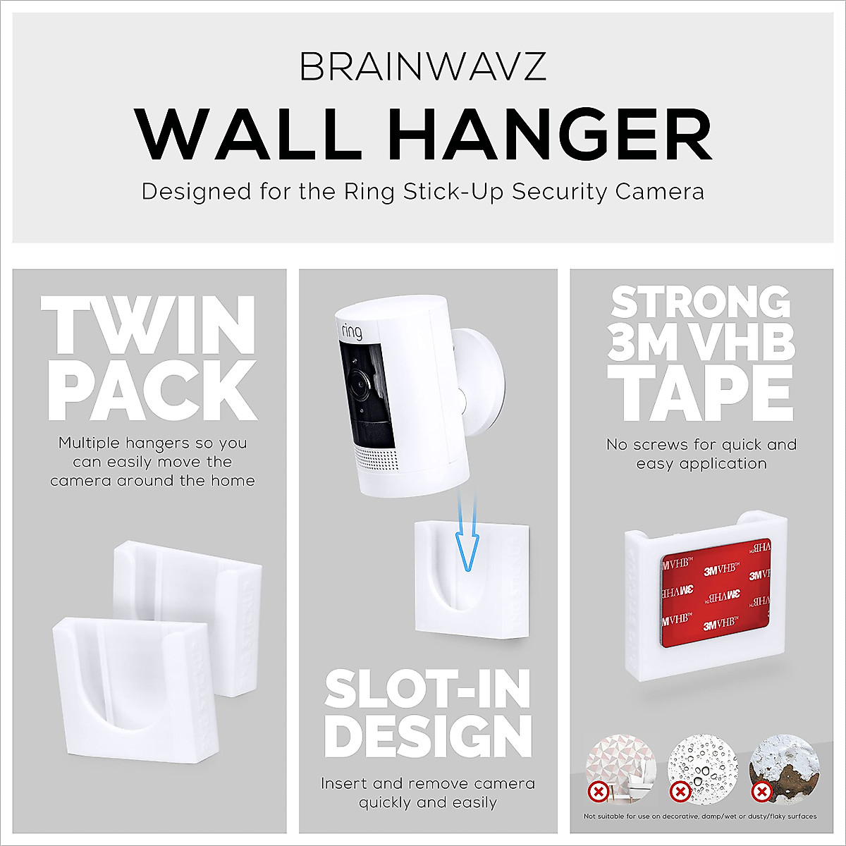 Corner Wall Mount for Stick Up Cam (2 Pack) Security Camera (Battery, Wired & Solar Versions) - Adhesive Holder, No Hassle Bracket, No Screws, No Mess Install (White) by Brainwavz