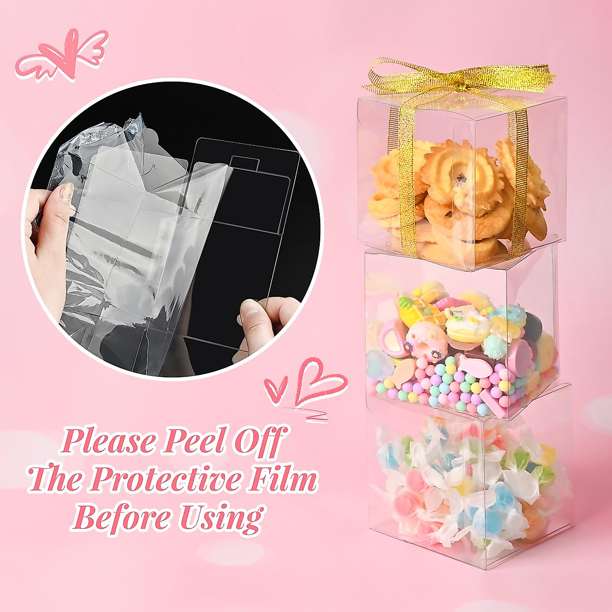 Ohuimrt 45 Pack Clear Favor Boxes, 3 x 3 x 3 Inches Transparent Plastic Gift Boxes with Ribbon Individual Macaron Boxes Candy Boxes Party Favor Boxes