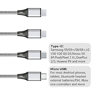 SEIPOG 4 in1 Multi Charger Cable Nylon Braided, 3A 4FT Universal Chargers for All Devices with Type-C/Micro USB Port, USB Charging Cable for All Cell Phones and More (Silver, 2Pack)