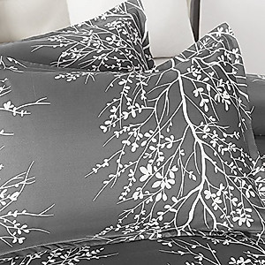 Vaulia Soft Microfiber Duvet Cover Set, Grey and White Floral Branches Printed Pattern - King Size 3-Piece Set (1 Duvet Cover 2 Pillow Shams)