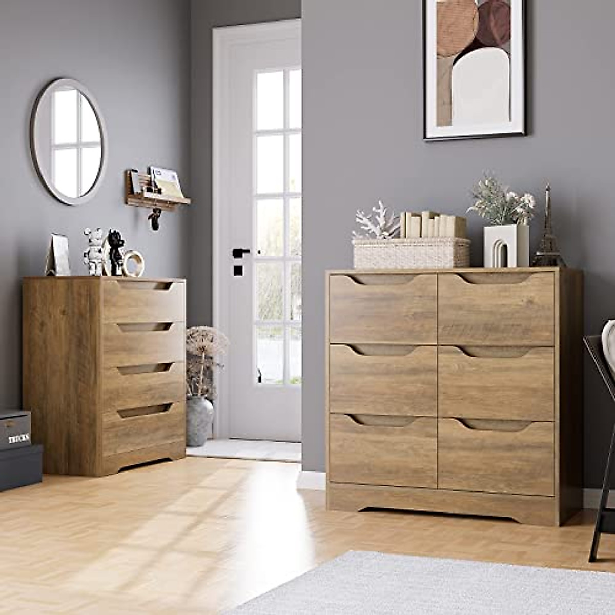 URKNO Modern 6 Drawer Dresser, Double Chest of Drawers with Storage, 3+3 Clothing Organizer with Cut-Out Handle, Dresser Chest, Wood Storage Cabinet for Living Room, Bedroom, Hallway, Rustic Brown