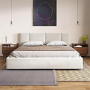 Omax Decor Venice Upholstered Platform Bed | Box Spring Not Required | (Cream Beige Boucle, King Bed Frame)