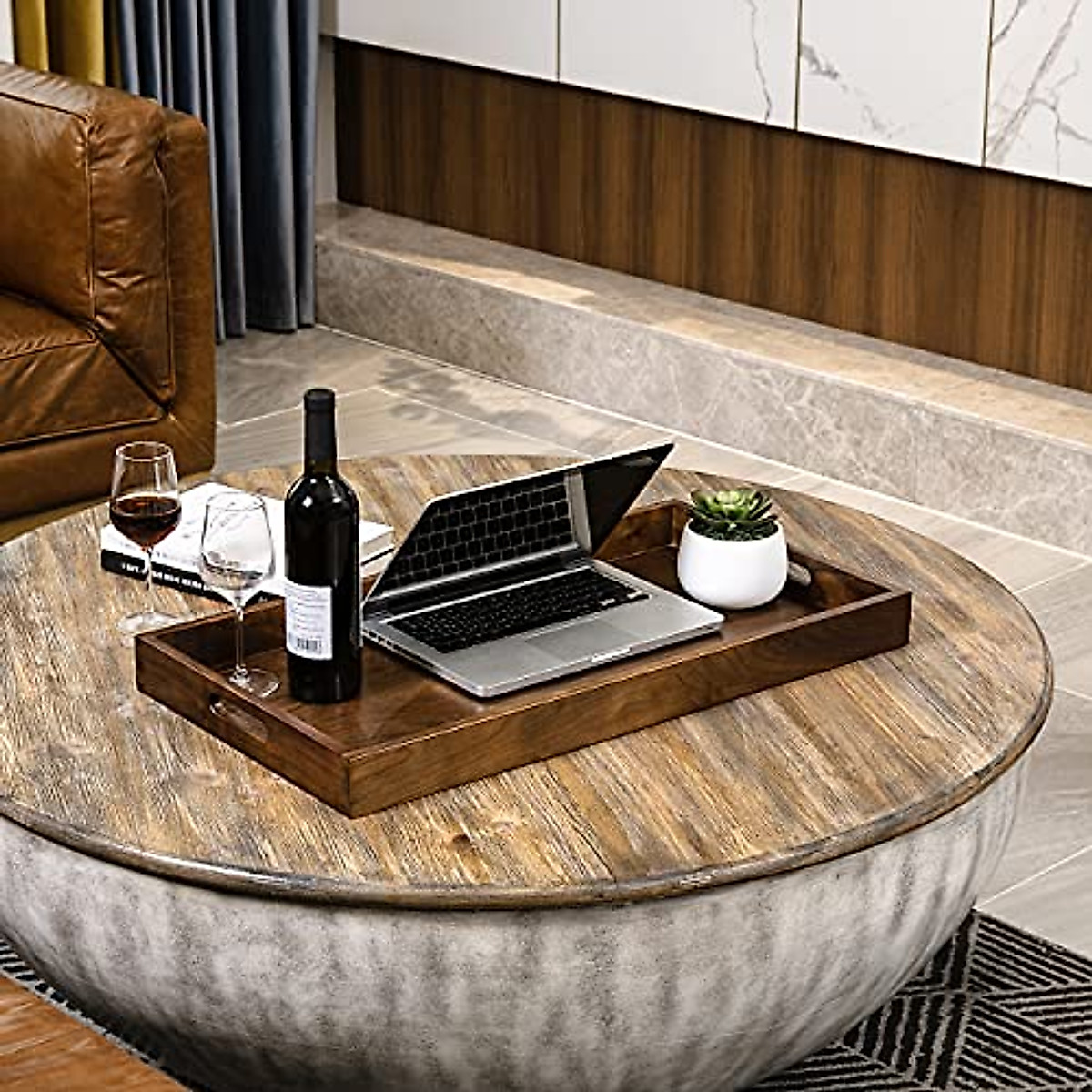 KINGCRAFT 28 x 15 inches Extra Large Wood Trays for Ottoman with Handles FSC Natural Handmade Black Walnut Serving Tray Vintage Decorative Platters for Oversized Ottoman Kitchen