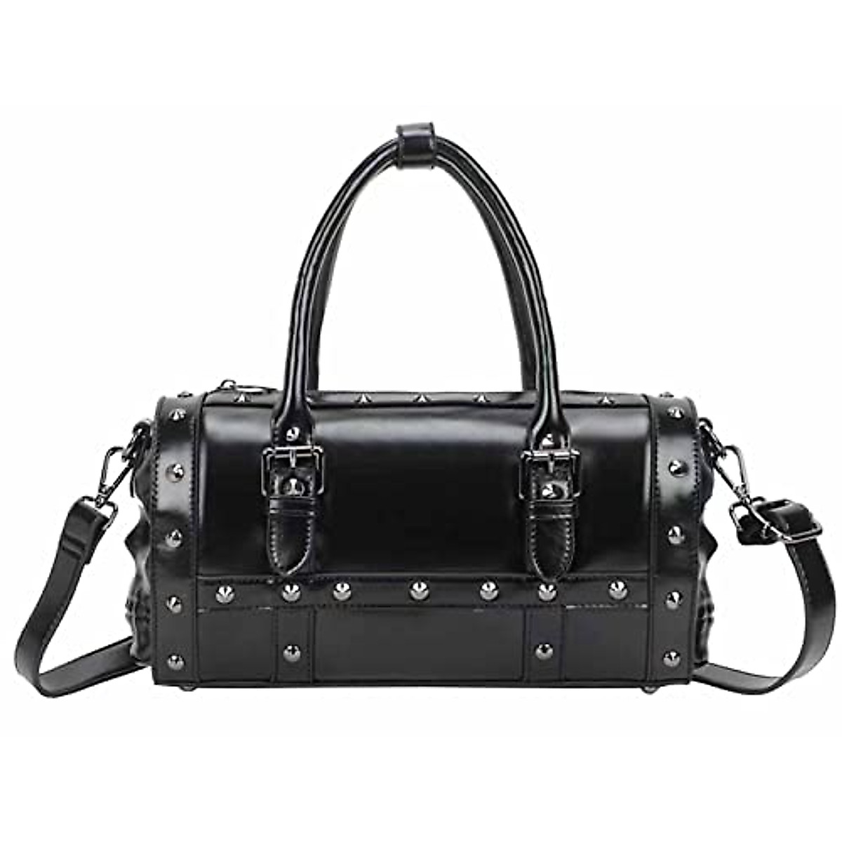FiveloveTwo Women Handbags Shiny Paten PU Satchel Purse Rivet Shoulder Tote Top-Handle Bag Black