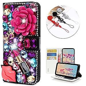 STENES Bling Wallet Phone Case Compatible with Samsung Galaxy Note 10 Plus - Stylish - 3D Handmade Crystal Rose Sexy Lips Lipstick Magnetic Wallet Leather Cover with Neck Strap Lanyard [3 Pack] - Red