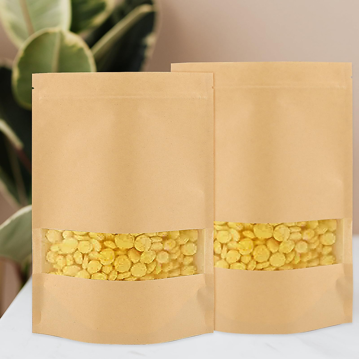 SHEUTSAN 200 Pack 6.6 x 9.4 Inch Kraft Stand Up Zip Lock Pouches, 17 x 24cm Brown Resealable Bags with Window, Reusable Kraft Zipper Paper Bags for Food Storage