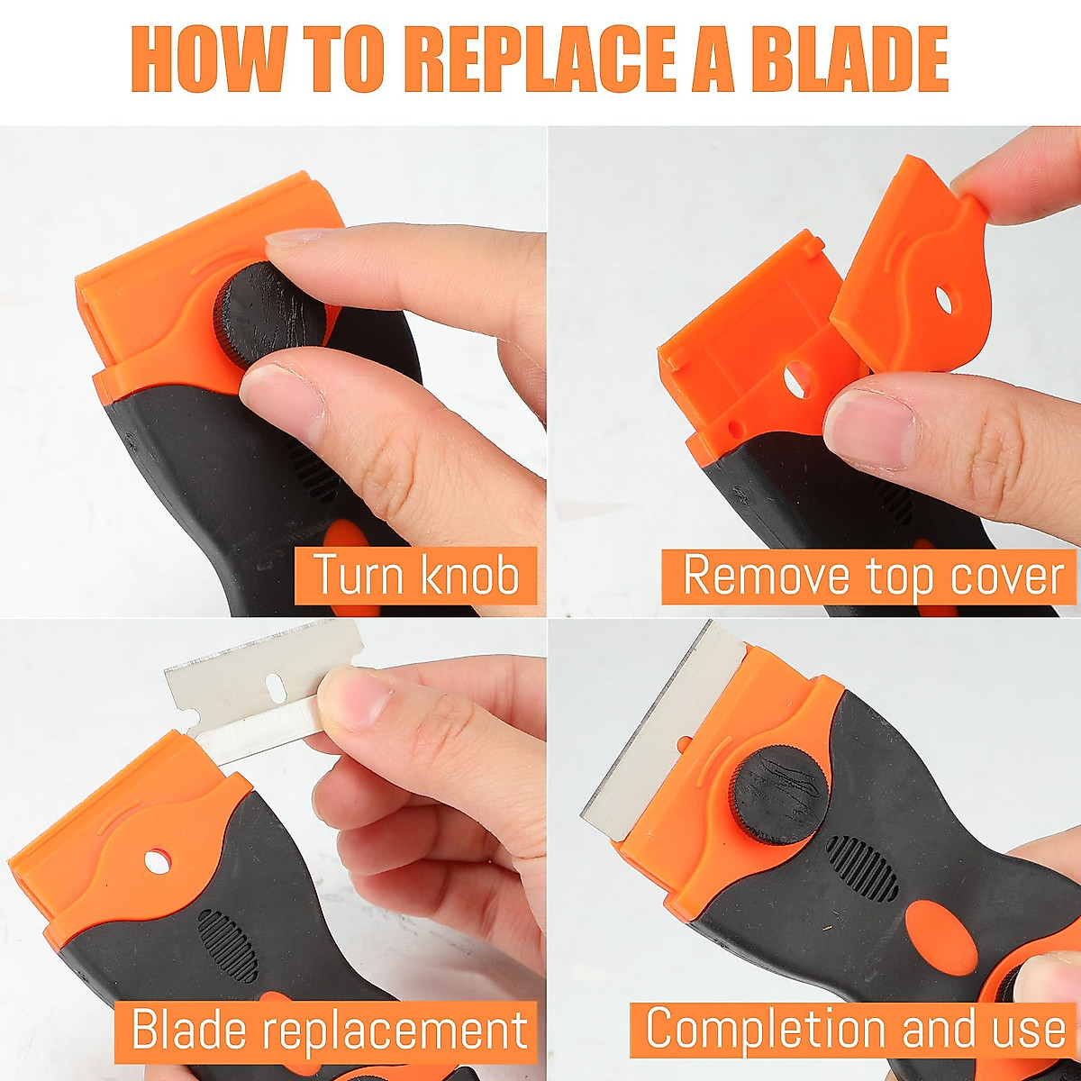 WILLBOND 72 Pcs Double Razor Blade Scraper Tool Set 12 Pcs 2 in 1 Razor Scraper Remover 60 Pcs Metal and Plastic Blades for Decal, Sticker, Label, Caulk Adhesive, Paint Stovetop, Subfloor (Orange)