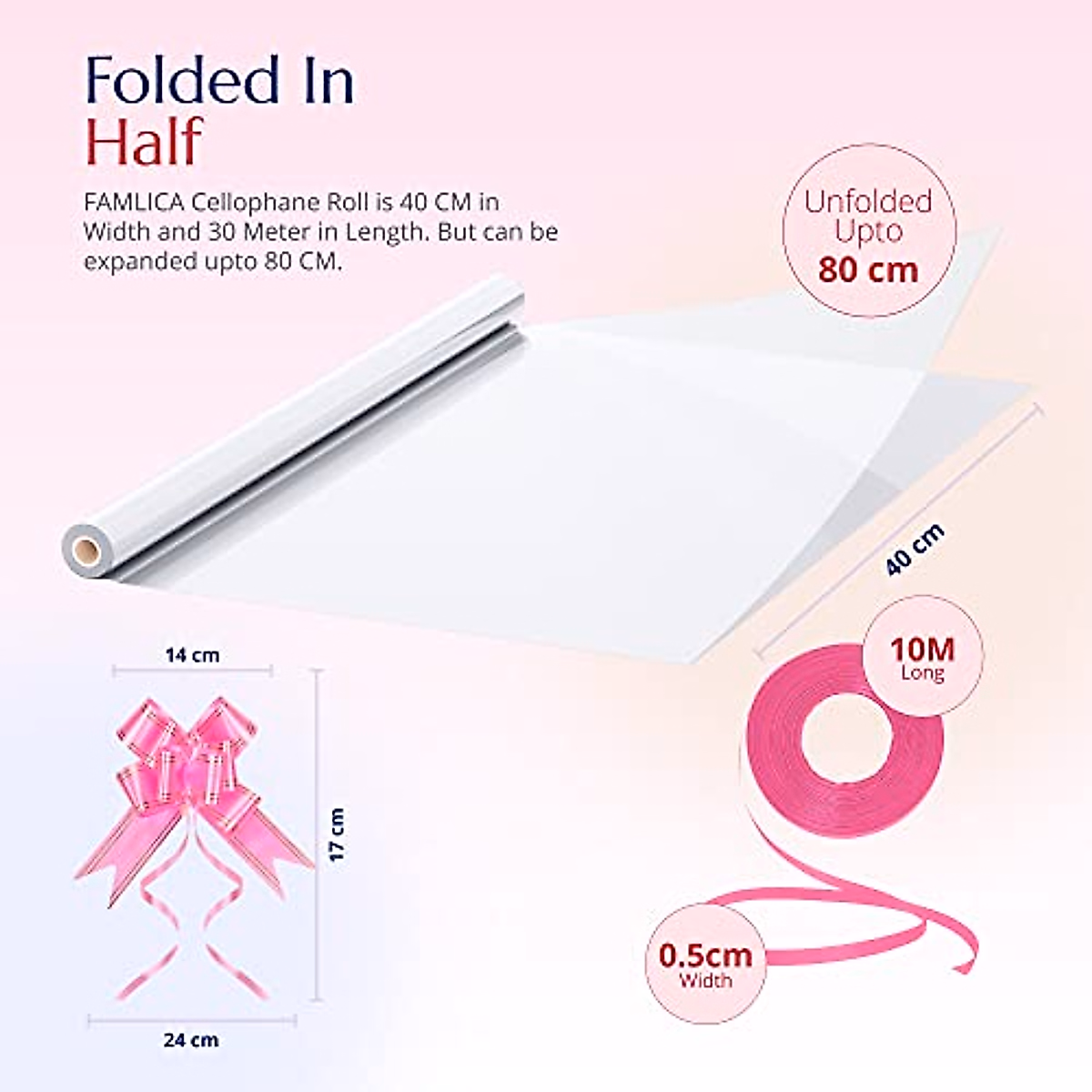 31.5 inch x 100 ft Clear Cellophane Wrap Roll for Gift Baskets with 10 Large Pull Bows and 2 Ribbons -Florist Cellophane Wrap Roll used for Christmas Crafts, Gifts, Flower Bouquet, Wicker Basket, Halloween Sweets