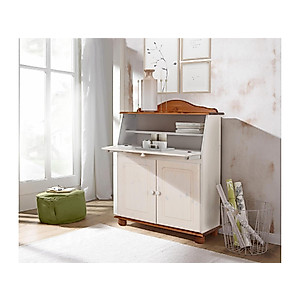 REALROOMS Chester Solid Wood Storage Desk with Bottom Closed Storage Cabinet, White and Honey