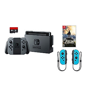 Nintendo Swtich 4 items Bundle:Nintendo Switch 32GB Console Gray Joy-con,64GB Micro SD Memory Card and an Extra Pair of Nintendo Joy-Con (L/R) Wireless Controllers Neon Blue,The Legend of Zelda