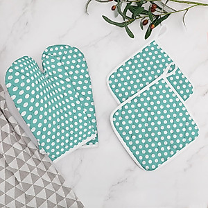 4PCS Oven Mitts and Pot Holders Sets, Polka Dots White Aqua Oven Mitts Set Heat Resistant Kitchen Microwave Gloves Safe for Baking,Cooking, BBQ