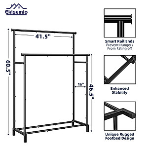 Ekisemio Double Rod Garment Rack for Hanging Clothes, Clothing Rack with Storage Shelves, Metal Multi-Functional Clothes Rack for Bedroom, Living Room, Black