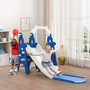 3-in-1 Kids Slide for Toddlers Age 1-3 Slide and Swing Set,Indoor Playground for Children,Freestanding Outdoor Slides with Basketball Hoop,Outside Climber Playhouses,Baby Climbing Toys Blue