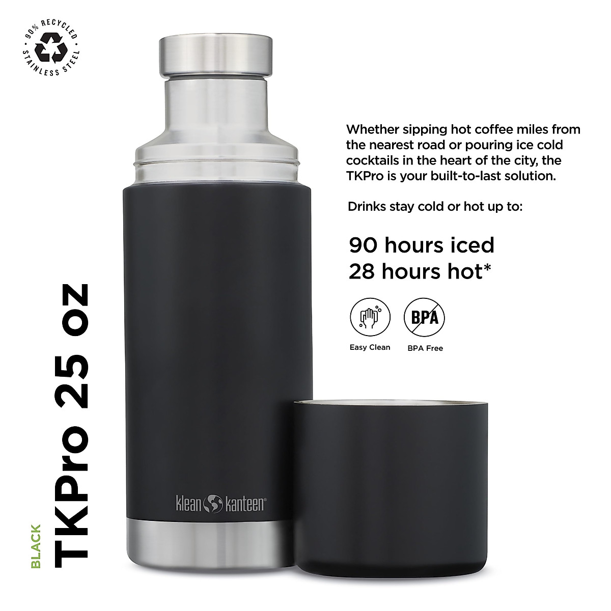 Klean Kanteen TKPro Insulated Thermos - Portable, Stainless Steel Drinking Bottle - Leak Proof & Easy to Clean - Black, 25 oz