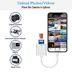 Lightning to SD Card Camera Reader Digital Camera SD Card Reader for Select iPhone, iPad and iPod Models (Support iOS 13 and Before), Trail Game Camera Viewer, No App Required (White)