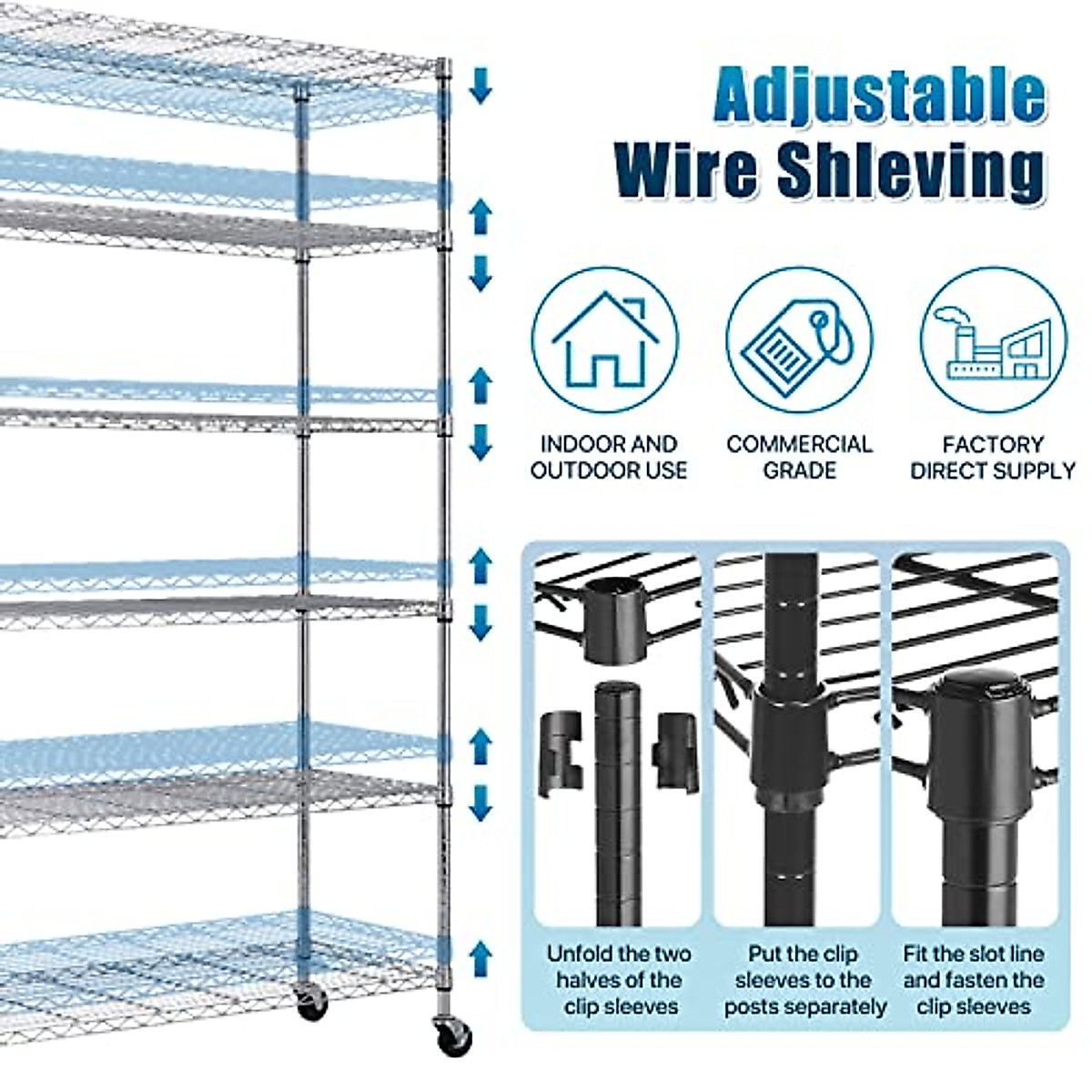 Dkelincs 6 Tier Wire Shelving Unit with Wheels 48" X 18" X 76" Metal Storage Shelves Height Adjustable NSF Heavy Duty Commercial Grade Garage Shelf Rack for Kitchen Basement Restaurant，Chrome