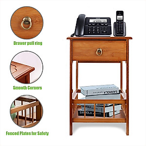 Wisfor Bamboo End Side Table Nightstand with Drawer for Bedroom Bedside (Brown, 2 Tier)