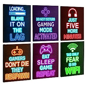 Hzdyopk 6pcs Gaming Decor for Boys Room, Bright Color Gaming Icons Printed Canvas Posters Framed, 8''x10'' Wall Art Decoration for Teenage Gamer Bedroom Playroom, Black