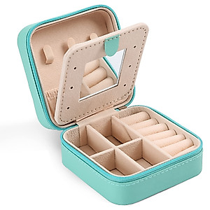 XZUZ Small Travel Jewelry Box With Mirror, Portable Jewelry organizer Display Storage Box for Earrings Rings Necklaces, Jewelry ase for female Girls (blue) 1pc