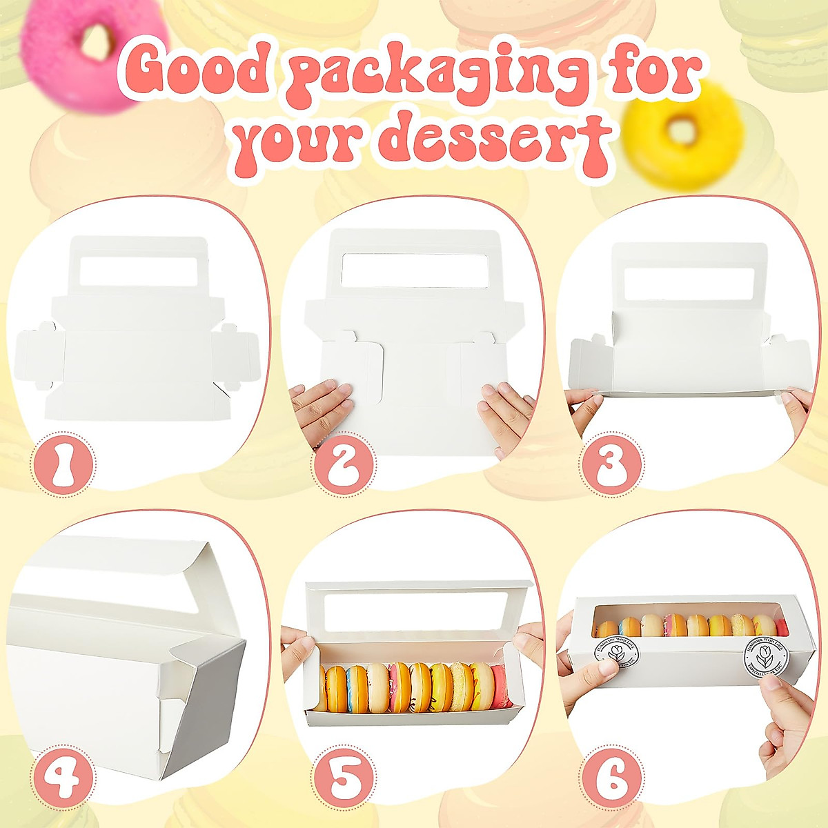 Sherr 100 Pcs Macaron Boxes with Window Macaron Gift Box for 6 Macaron with 200 Pcs Stickers Long Baking Boxes Rectangle Treat Boxes for Dessert Pastry Packaging for Home DIY Baking Gift(White)