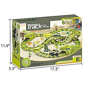 Dinosaur Toys, 260 Pcs Dinosaur Car Race Track Toy with 3 Cars Playset, Includes 250 Flexible Train Track, 7 Dinosaur and 2 Dinosaur Head Best Gift for Boys Girls Ages 3 4 5 6 7Years Old and Up
