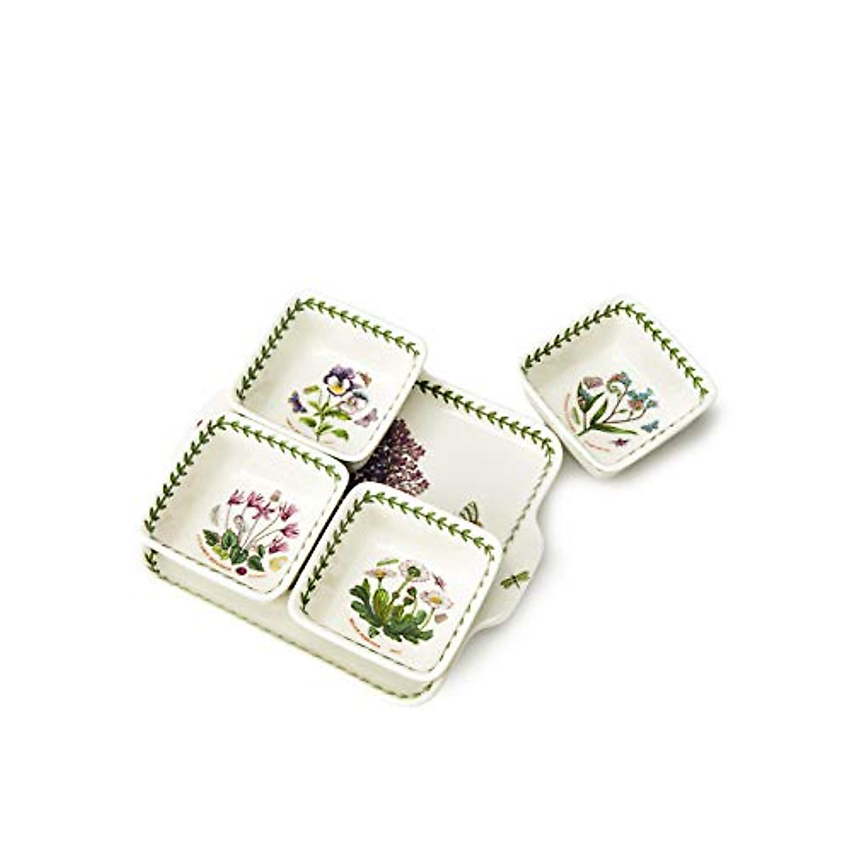 Portmeirion Botanic Garden 5-Piece Accent Bowl Set | 8 Inch Handled Plate with 3.75 Inch Square Bowls | Assorted Floral Motifs | Made from Porcelain | Microwave and Dishwasher Safe