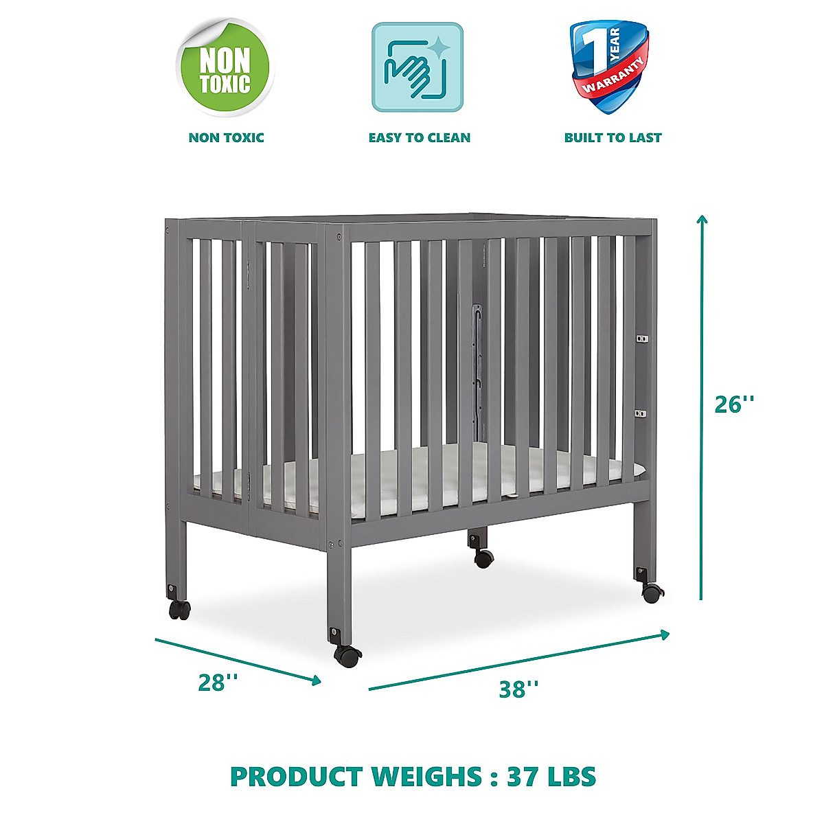 Dream On Me Jett Non-Full Size Folding Convertible Crib, Lightweight Portable Crib, Three Adjustable Mattress Height Settings, Easy to Fold Travel Crib, 1.5” Mattress Pad Included