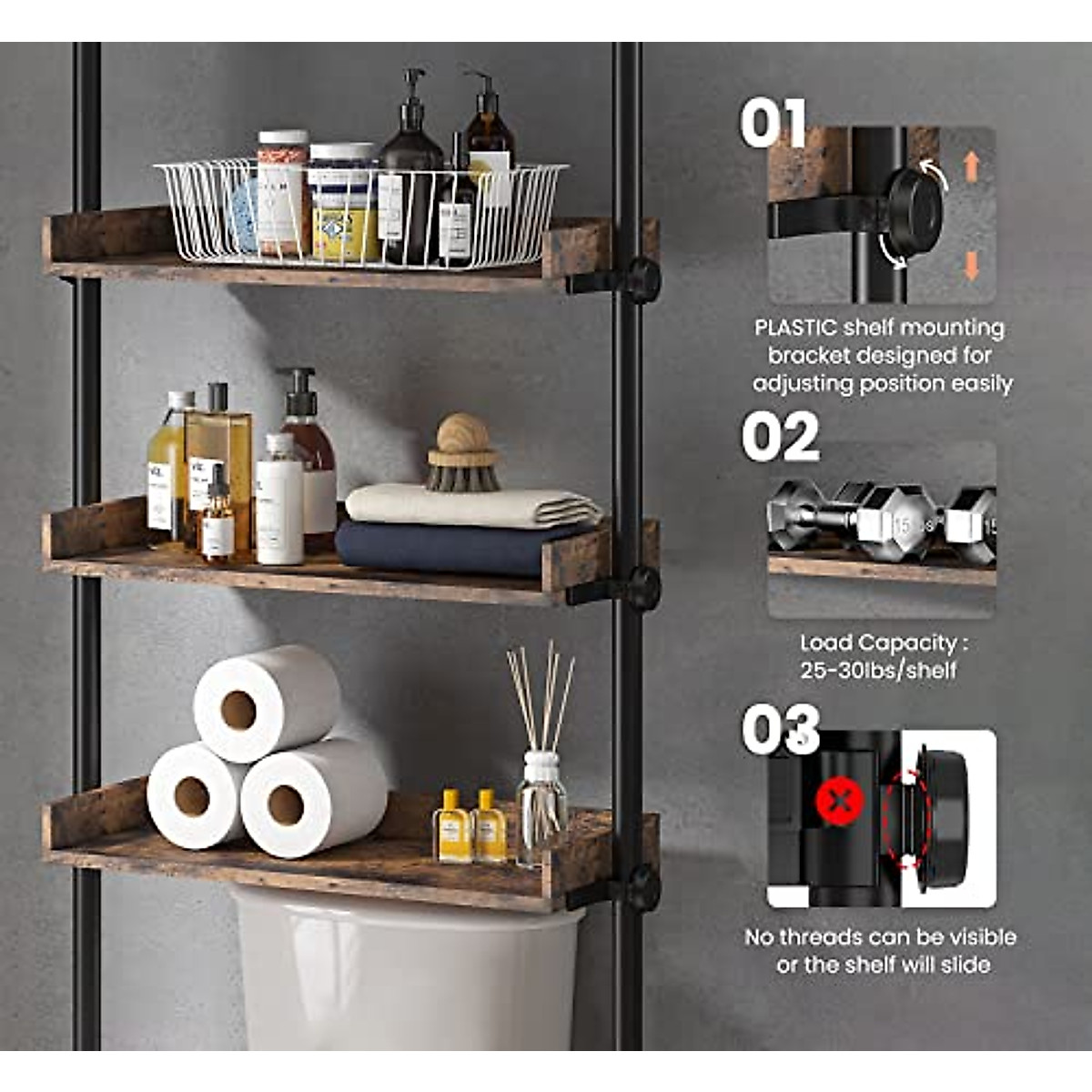 ALLZONE Bathroom Organizer, Over The Toilet Storage, 4-Tier Adjustable Wood Shelves for Small Rooms, Saver Space Rack, 92 to 116 Inch Tall, Narrow Cabinet, Rustic Brown