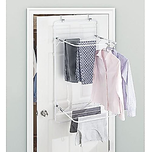 mDesign Steel Collapsible Over The Door, Hanging Laundry Dry Rack Clothes Organizer, 2 Tiers - for Indoor Air-Drying Clothing, Towels, Lingerie, Hosiery, Delicates - Folds Compact - White/Gray